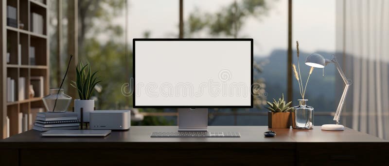 A Modern Private Office Room with a Computer Mockup on a Desk, Large ...
