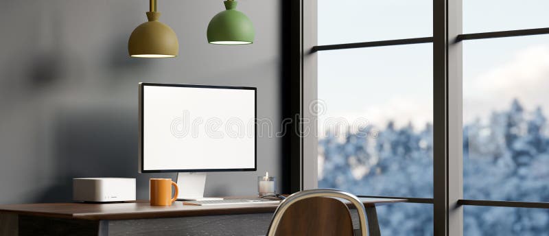 Modern Private Office Room with Stylish Hanging Lamps and Computer ...