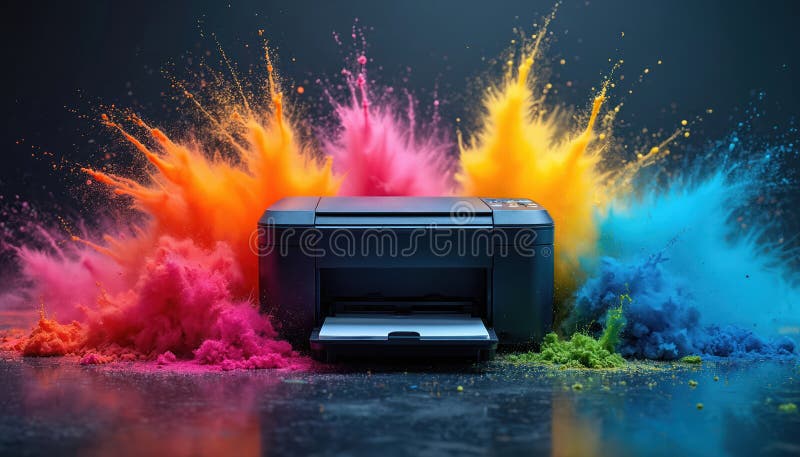 Modern Pro Printer Stands on Dark Surface. Vivid Color Splashes ...