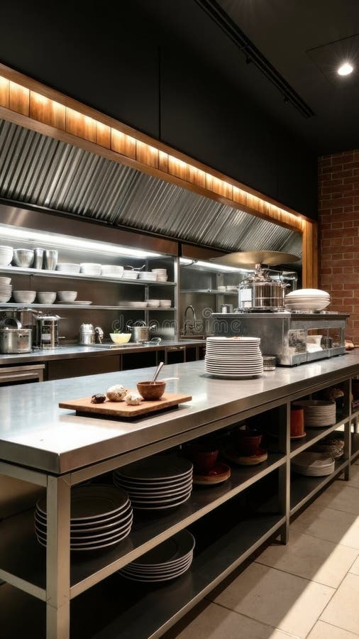 A Modern Professional Kitchen Featuring Metal Tables and High-Quality ...