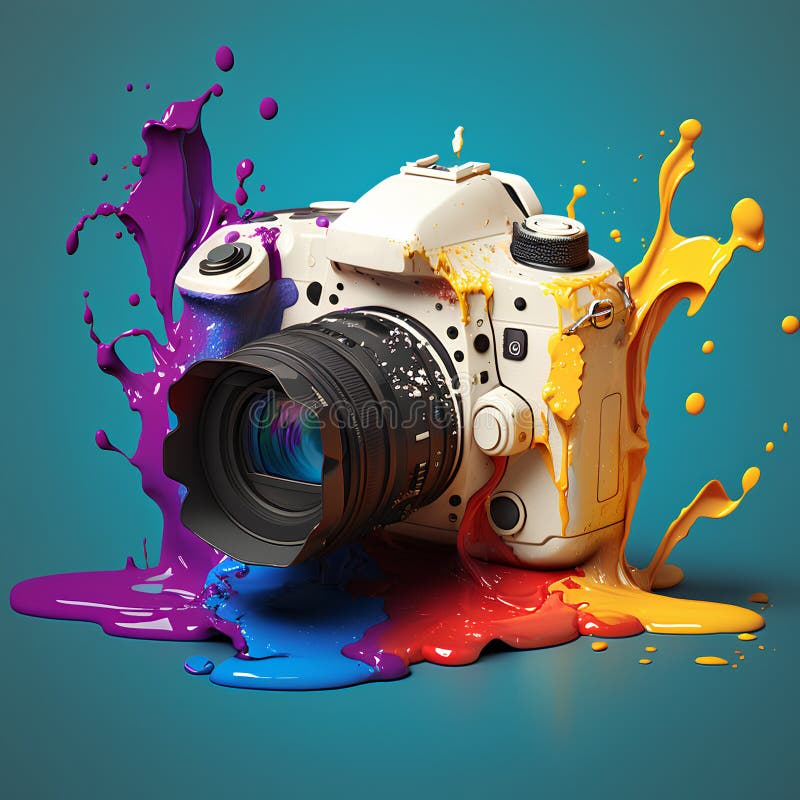 Modern Professional Photo Camera with Colorful Splashes on Blue ...
