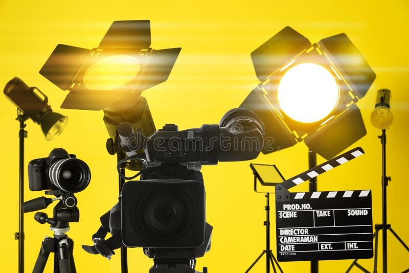 Professional Video Camera and Lighting Equipment in Studio Stock Image ...