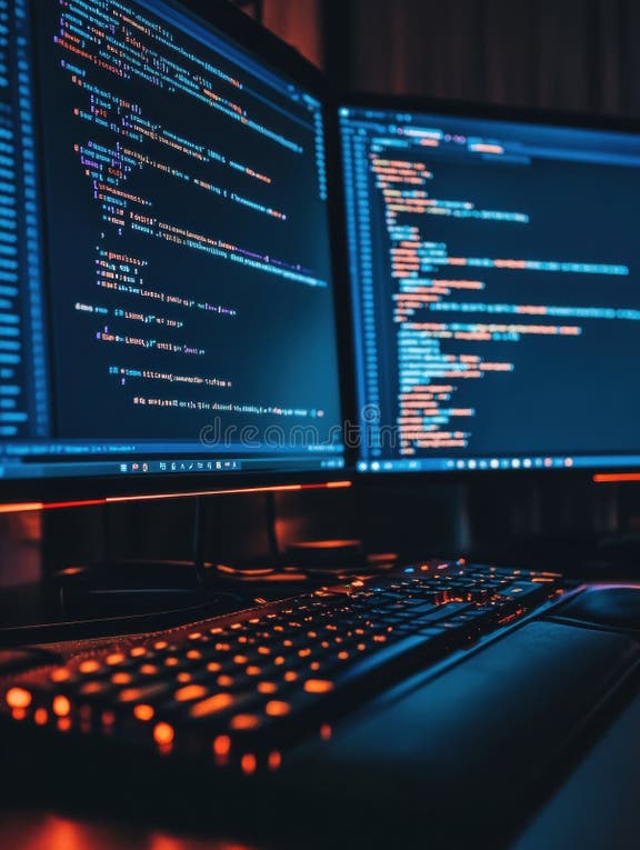 Modern Programmer Home Office Setup with Dual Screens Running Code and ...