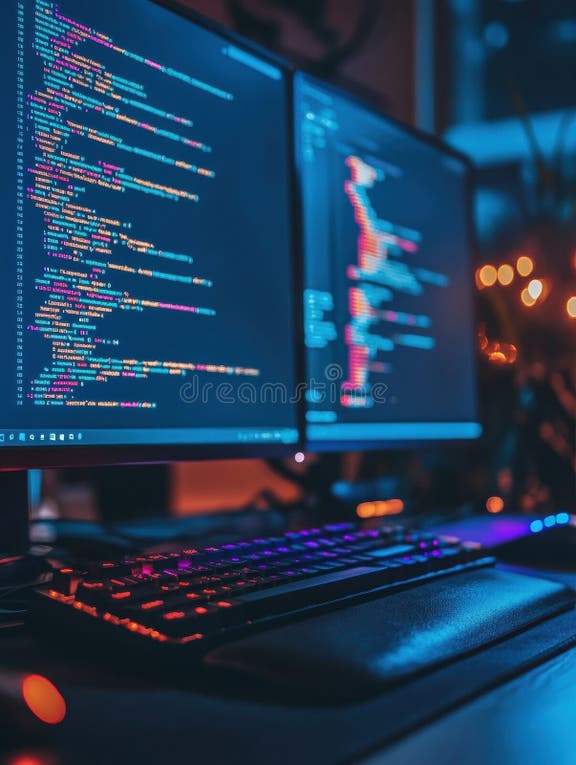 Modern Programmer Home Office Setup Featuring Multiple Screens with Code, a Backlit Keyboard ...