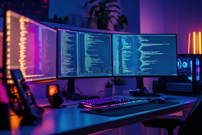 Modern Programmer Office Setup Featuring Multiple Screens Displaying Code, Backlit Keyboard, and ...