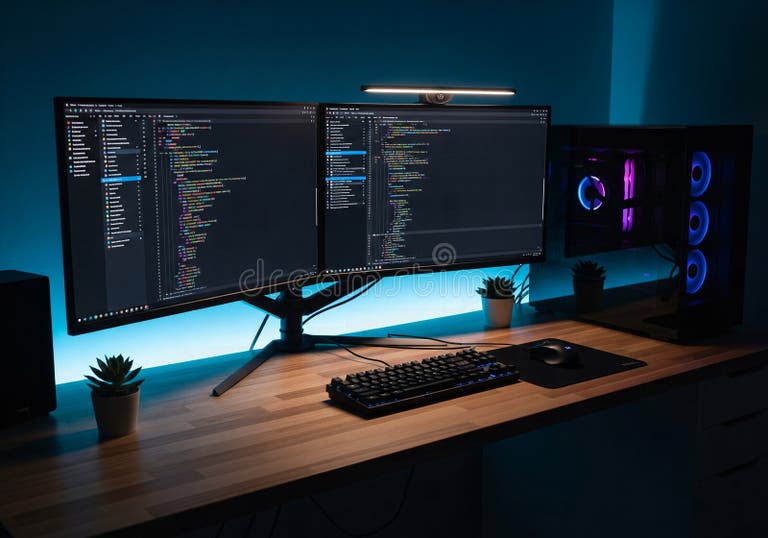 Modern Programmer S Workplace with Dual Monitors Displaying Code, a Mechanical Keyboard, and a ...