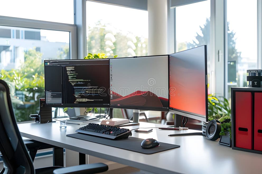 Modern Programmer S Workspace Setup: Triple Monitor Display with Efficient Desk Organization for ...