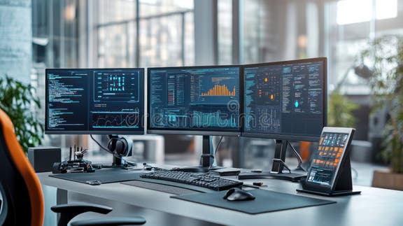 Modern Programmer S Workstation with Triple Monitors Displaying Code ...