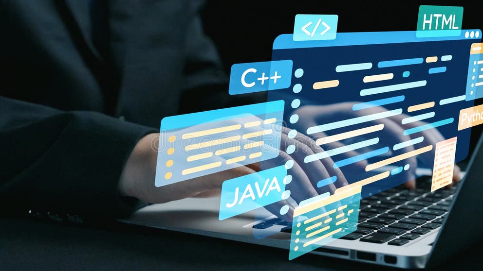 Modern Programmer Working on Laptop with Code Elements Floating Above ...