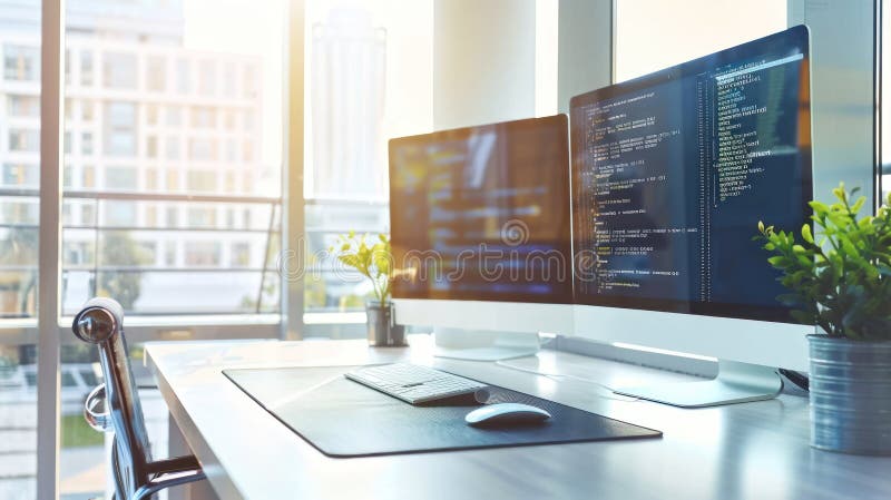 Modern Programmer Workspace with Dual Monitors Coding Stock Illustration - Illustration of setup ...