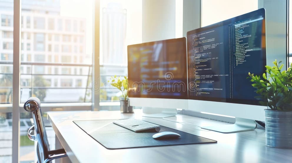 Modern Programmer Workspace with Dual Monitors Coding Stock Illustration - Illustration of setup ...