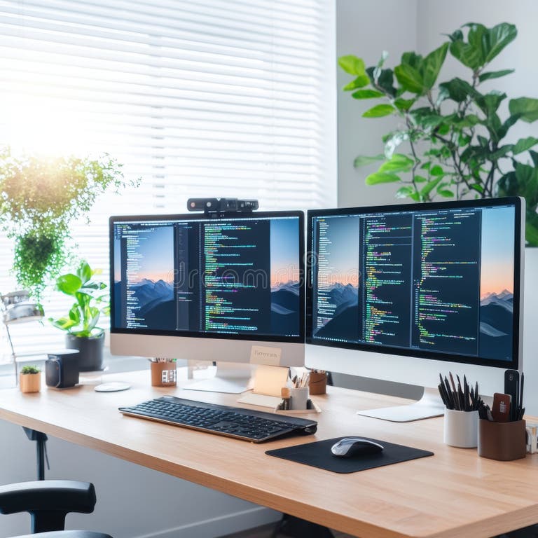 Modern Programmer Workspace with Dual Monitors and Plants Stock ...