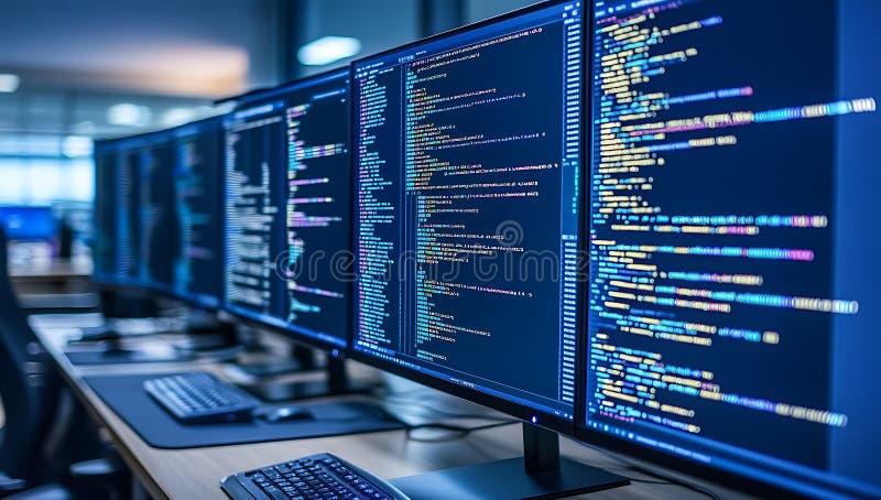 Modern Programmer Workspace with Multiple Computer Screens Displaying ...