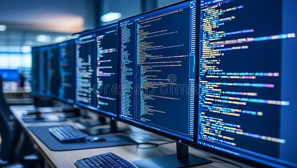 Modern Programmer Workspace with Multiple Computer Screens Displaying ...