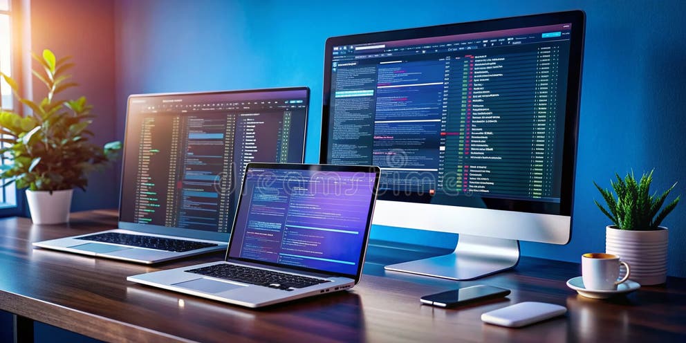 A Modern Programmers Workstation Multiple Screens Displaying Complex ...