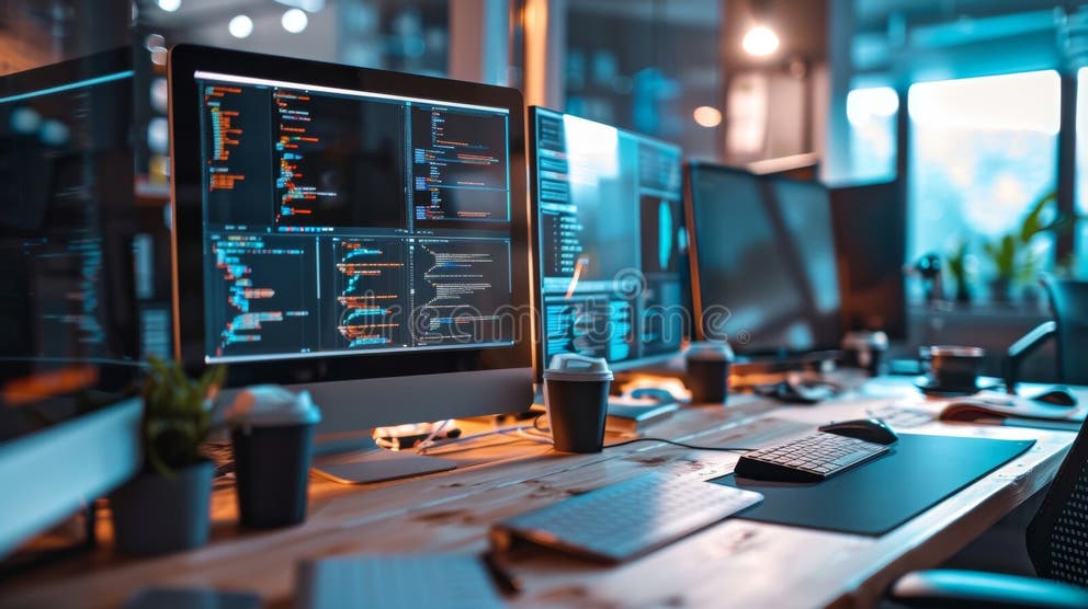 Modern Programming Workspace with Multiple Monitors Stock Photo - Image of productivity, coding ...