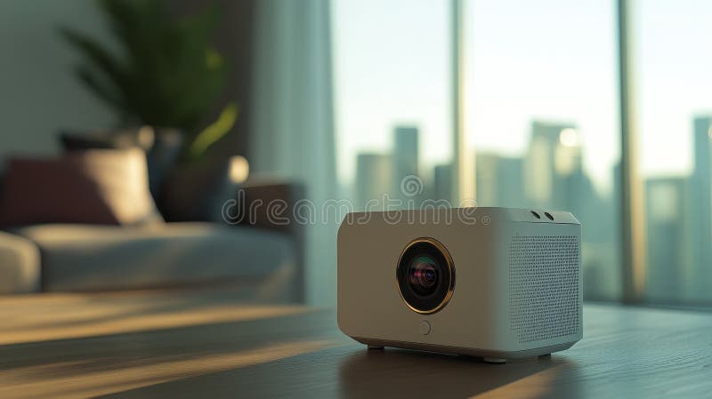 Modern Projector on Table with Urban View through Window Stock ...