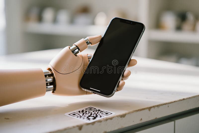 Prosthetic Hand Holding Smartphone Scanning QR Code on Counter in ...