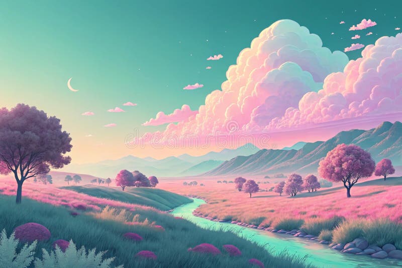 Modern Psychedelic Dreamy Landscape in Y2K Style. Gradient Sky and ...