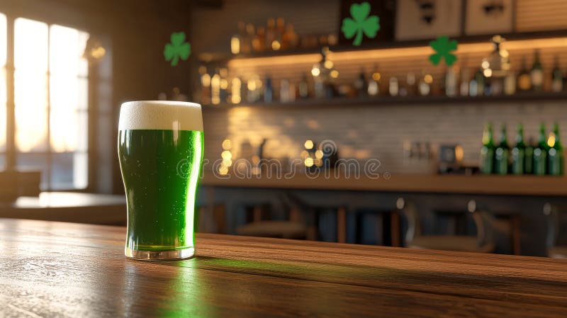 Modern Pub Interior with a Green Beer and Shamrocks in the Evening ...