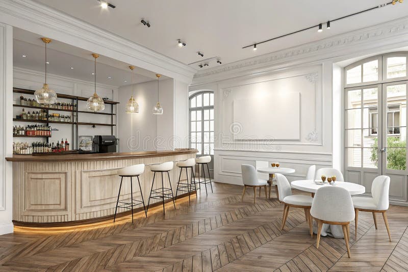 Modern Pub with White Walls and Wooden Floor Stock Illustration - Illustration of countertop ...