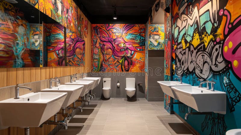 Modern Public Bathroom with Vibrant Graffiti Wall Art Stock ...