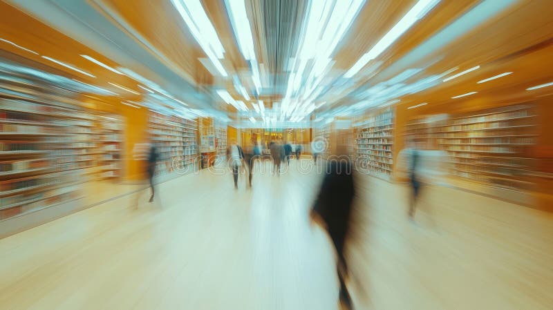 Modern Public Library Interior Featuring Blurred Bookshelves and People ...