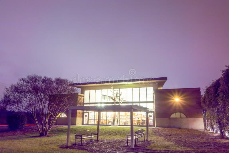 Modern of Public Library at Night Stock Image - Image of exterior ...