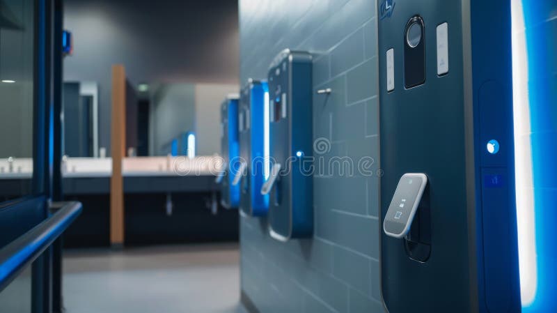 Modern Public Restroom with Cubicles and Blue Lighting Stock Image ...