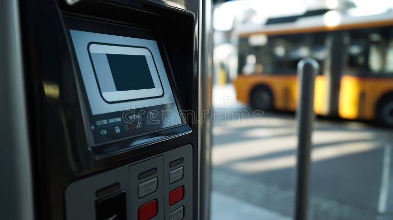 Modern Public Transportation Ticket Machine Display with Blurred Bus in ...