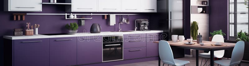 Modern Purple Kitchen Interior with Stylish Cabinets and Dining Area ...
