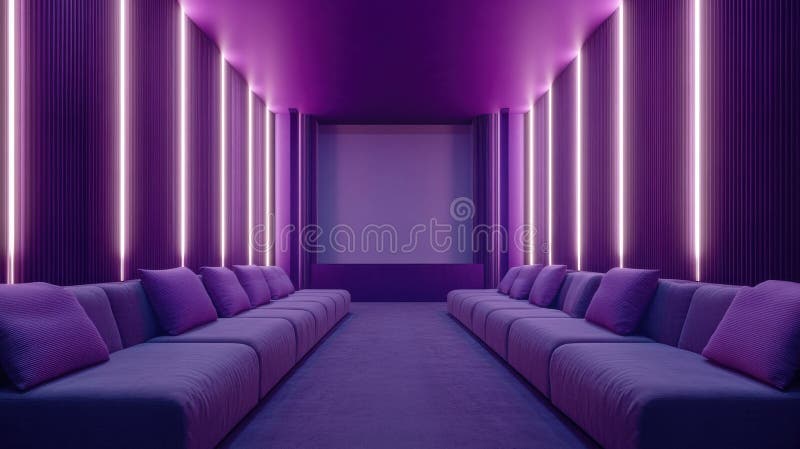 Modern Purple Lounge with Symmetrical Seating and Ambient Lighting ...