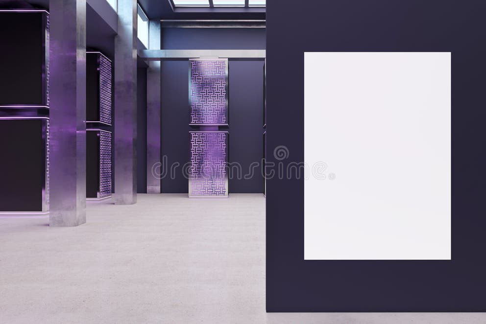 Modern Purple Server Room Interior with Empty Mock Up Poster. Database ...