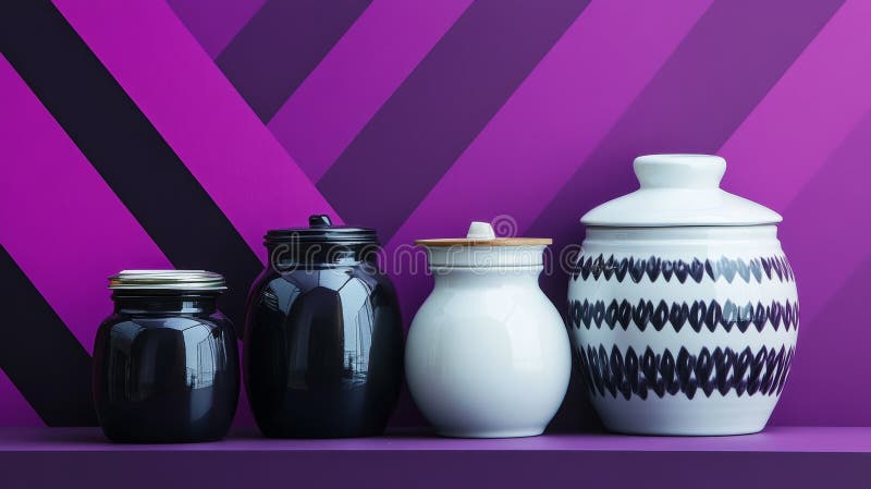 Modern Purple Striped Jars Elegant Product Display Against a Textured ...