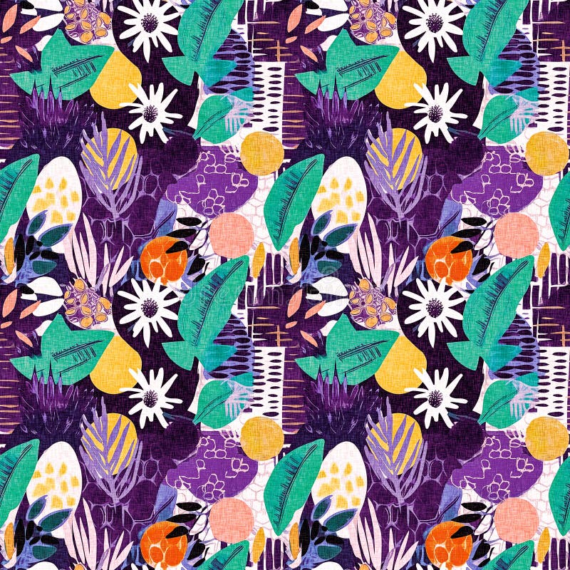 Modern Purple Summer Collage Paper Cut Out Shapes Pattern With Fabric Effect Design Seamless