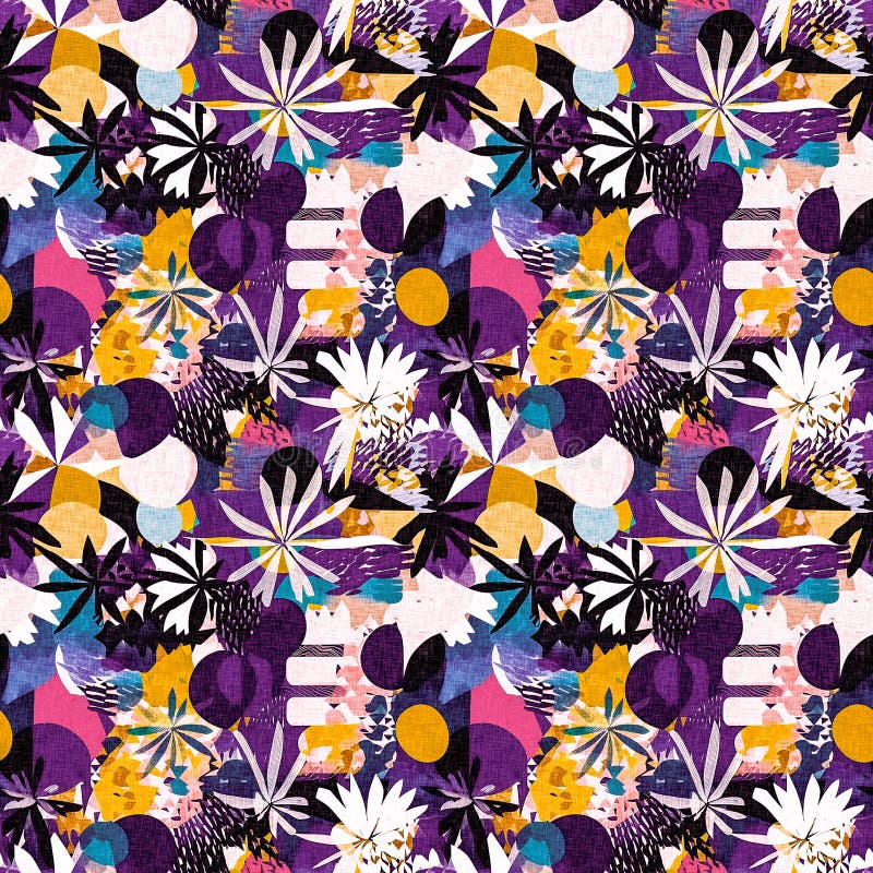 Modern Purple Summer Collage Paper Cut Out Shapes Pattern With Fabric Effect Design Seamless
