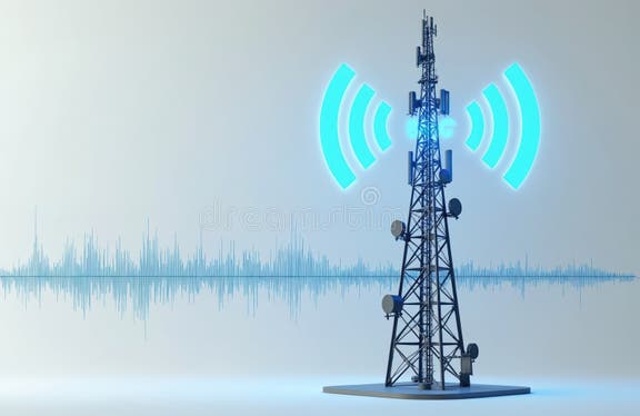 Modern Radio Tower Broadcasting Signals with Blue Waveform ...
