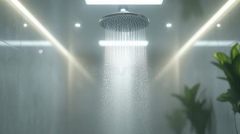 Modern Rainfall Shower with Mist and Plants in a Tranquil Bathroom ...