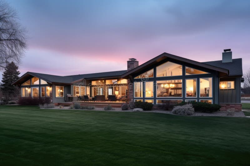 Modern Ranch Facade with Big Windows at Dusk Stock Illustration ...