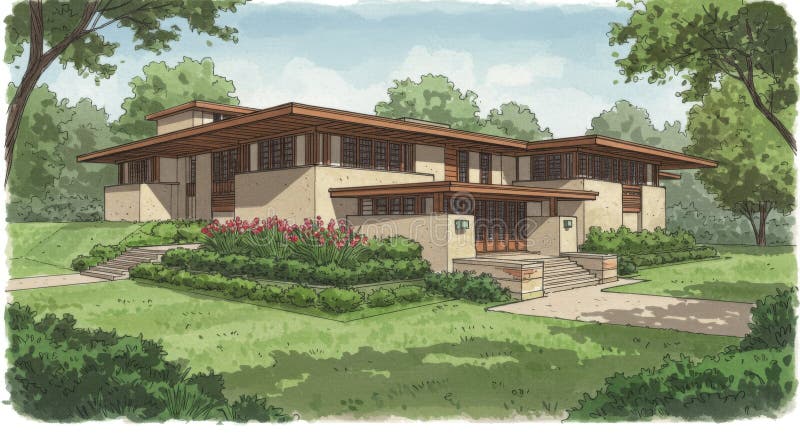 Modern Ranch Style Home Architectural Rendering Stock Illustration ...