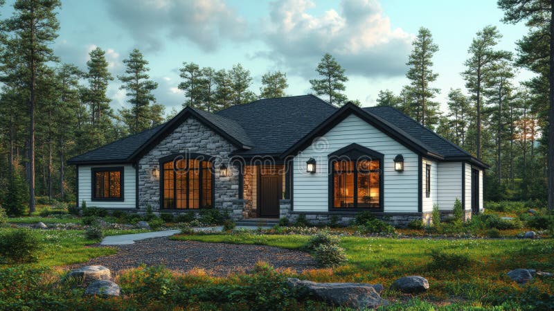 Modern Ranch Style Home Exterior at Dusk Stock Photo - Image of black ...