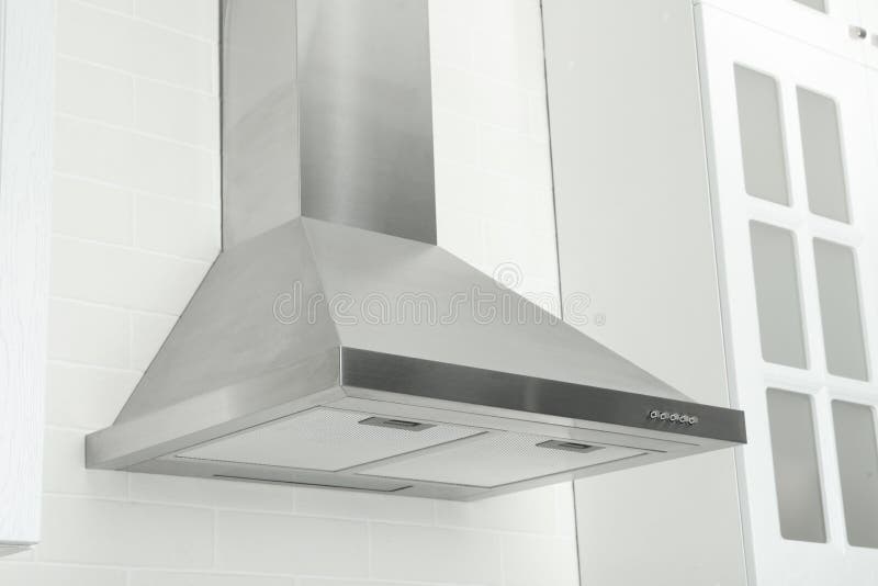 Modern Range Hood on White Brick Wall in Kitchen Stock Photo - Image of ...