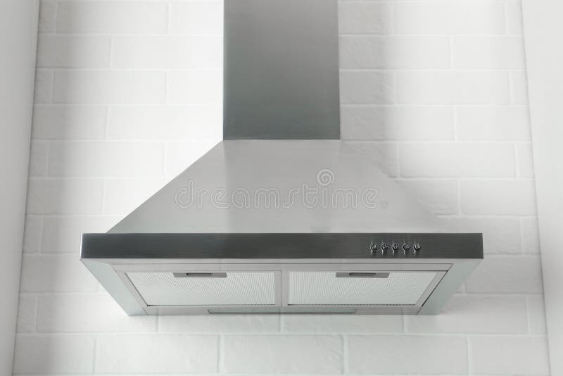 Modern Range Hood on White Brick Wall in Kitchen Stock Image - Image of ...
