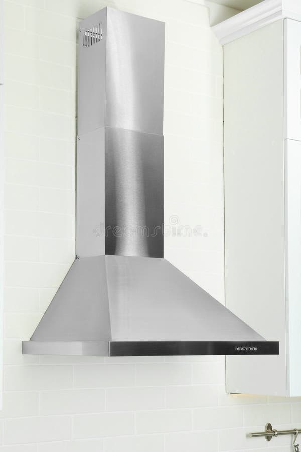 Modern Range Hood on White Brick Wall in Kitchen Stock Photo - Image of ...