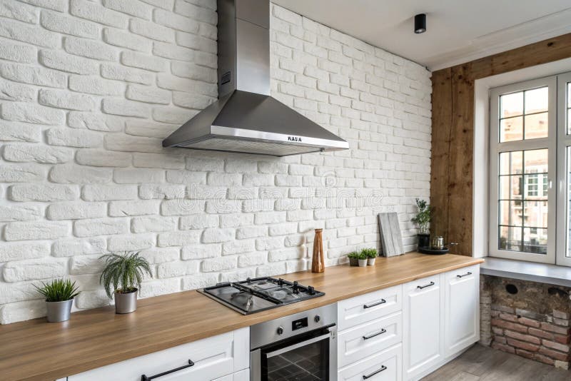 Modern Range Hood on White Brick Wall in Kitchen Stock Illustration ...