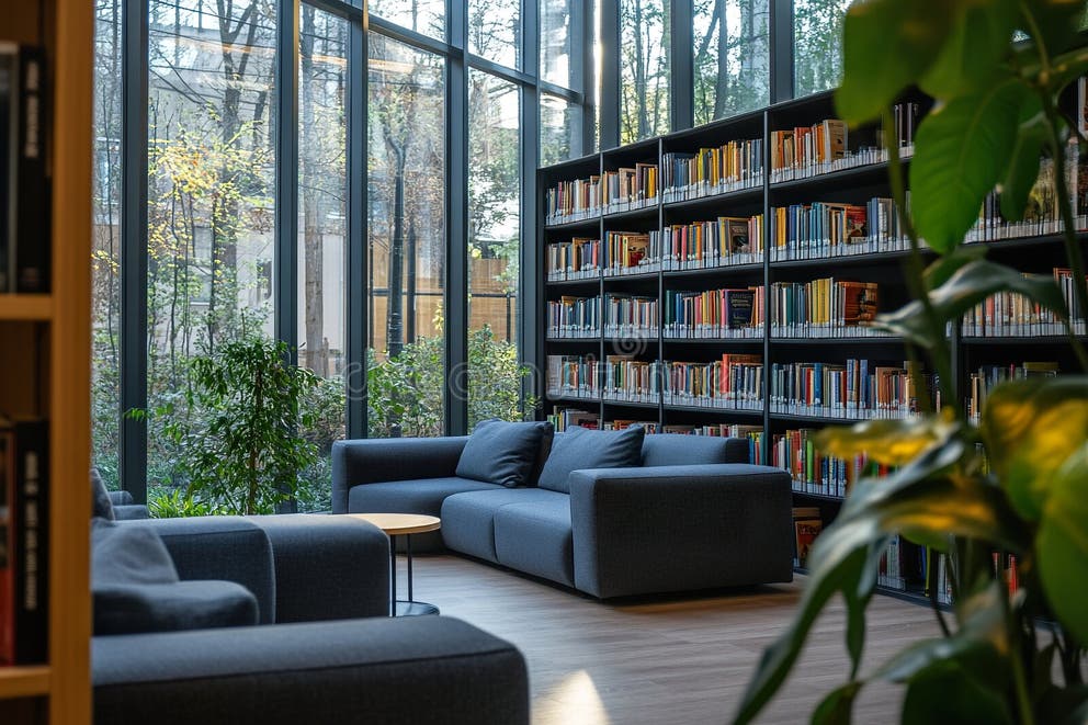Modern Reading Corner in a Library, with Cozy Sofas and Large Windows ...