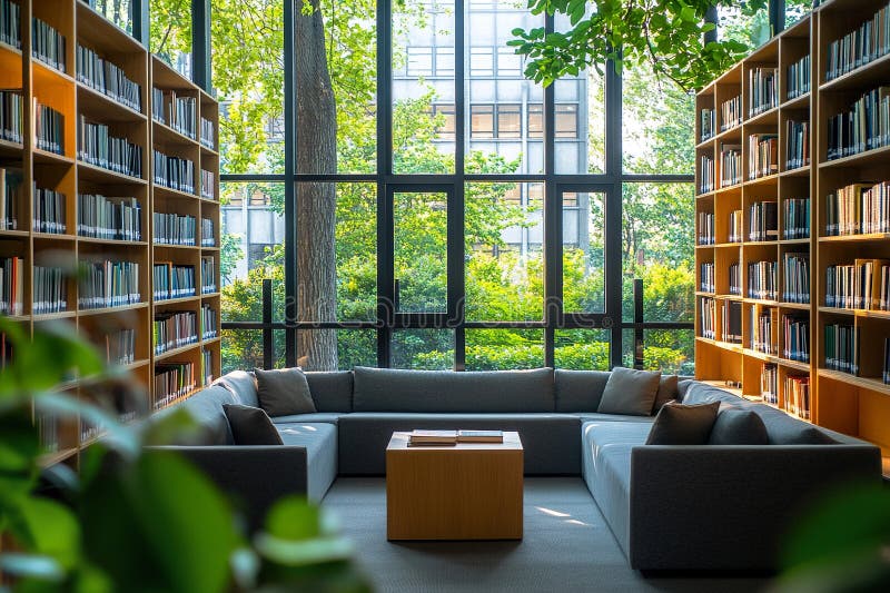 Modern Reading Corner in a Library, Minimalist Design with Cozy Sofas ...