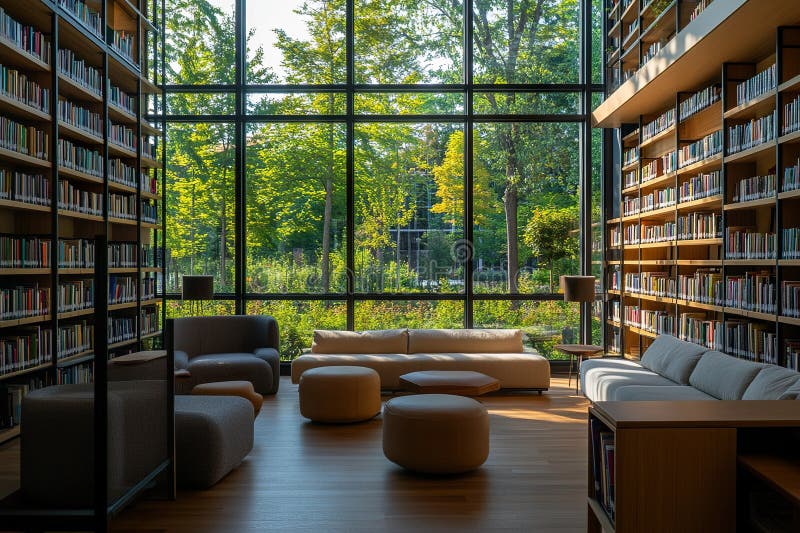Modern Reading Room in a Library, with Cozy Sofas and Large Windows ...