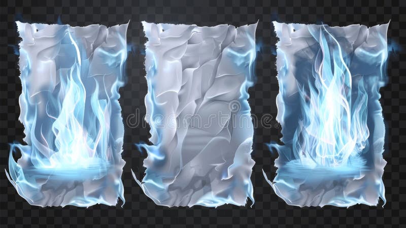 Modern Realistic Set of Burning White Paper Sheets with Blue Fire and ...