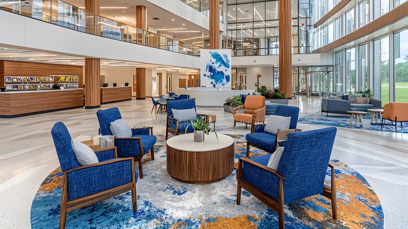 Modern Reception Area with Blue Accents and Natural Light Stock ...